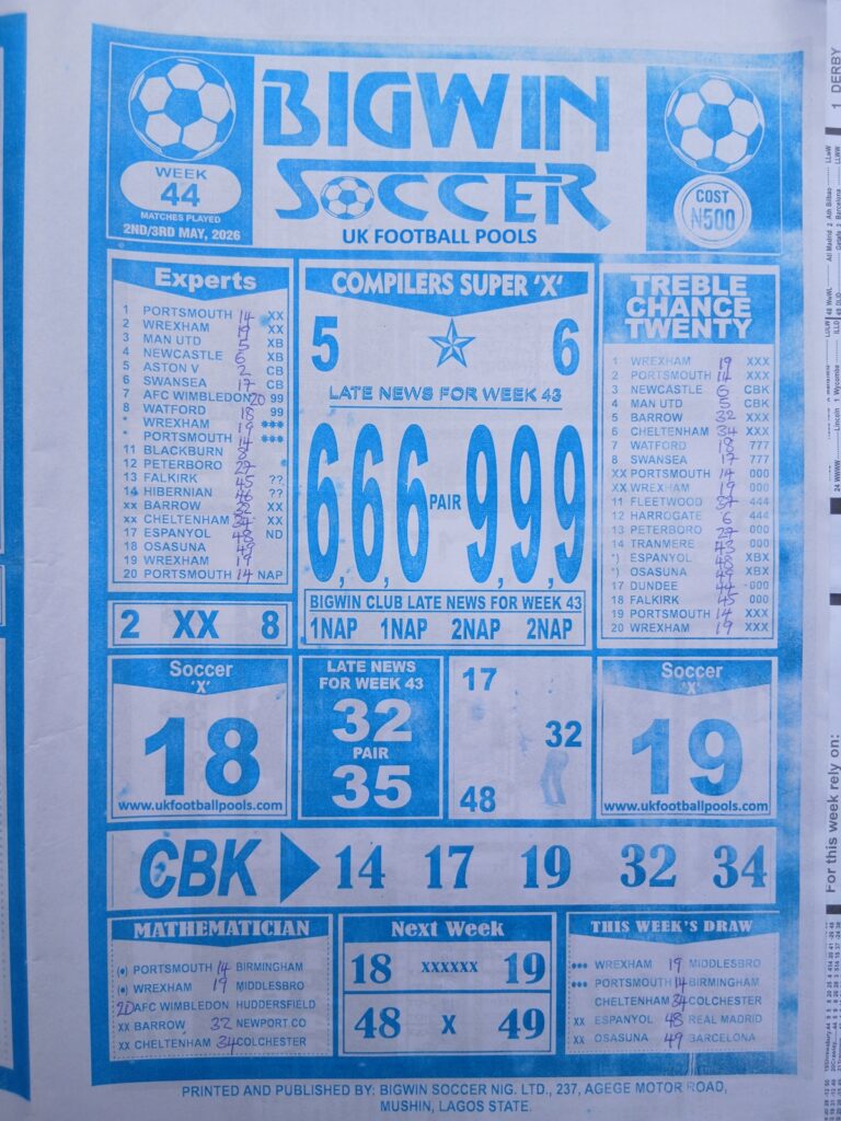 Current Week 44 Pool Late News Papers 2026: BigWin, Pools Telegraph ...